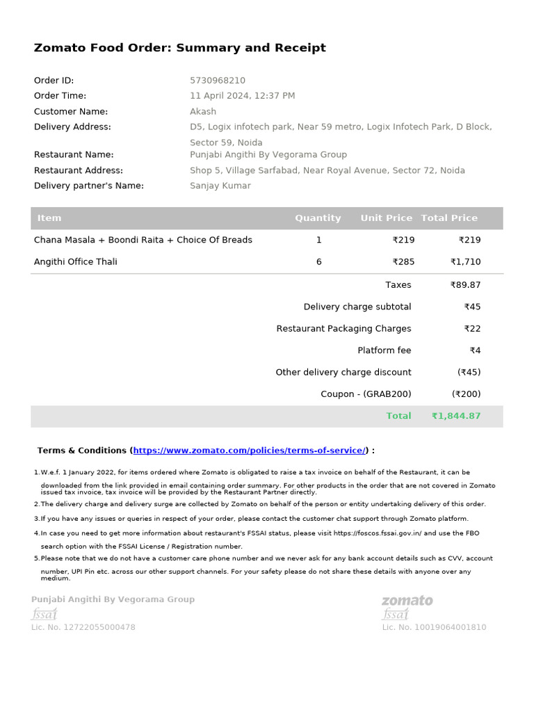 Zomato | PDF | Receipt | Business