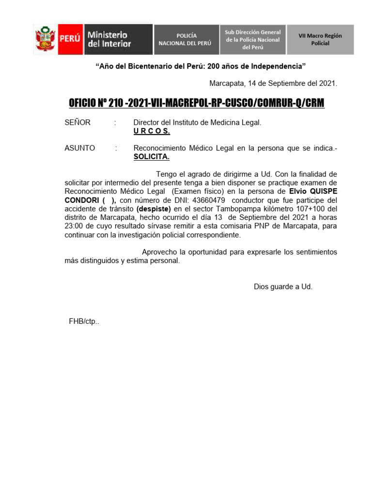 Oficio RML Urcos - Docxjf | PDF | Perú | Cumplimiento de la ley