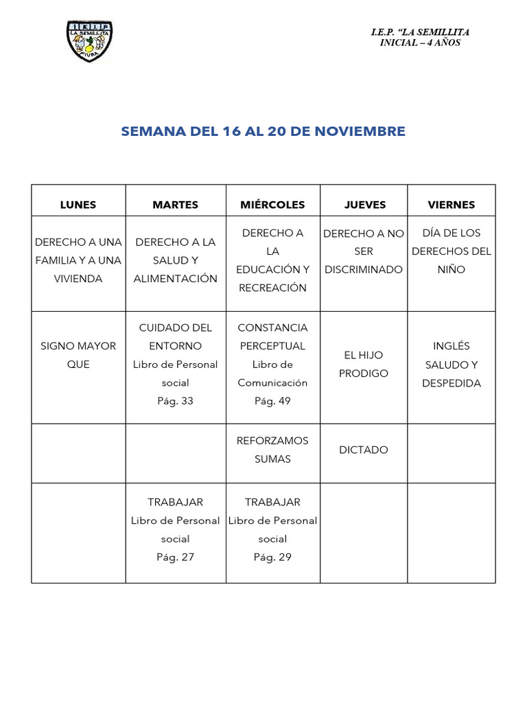 Semana Del 16 Al 20 de Noviembre - 4 Años | PDF