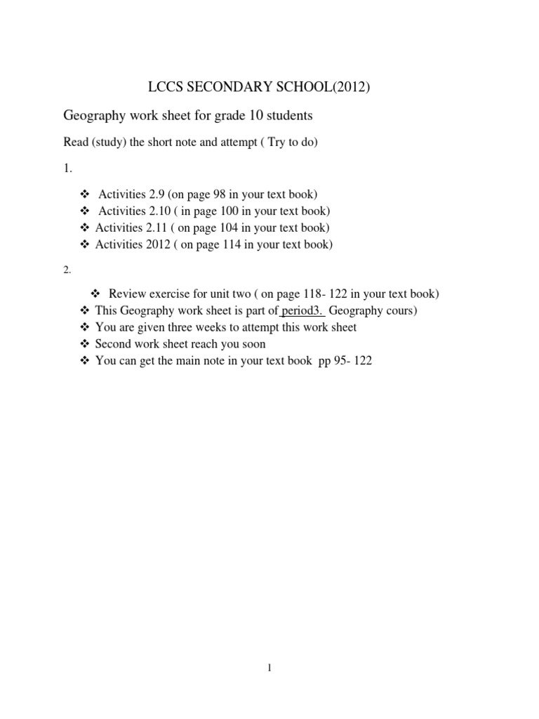 Lccs Secondary School (2012) Geography Work Sheet For Grade 10 Students | PDF | Rain | Temperate ...