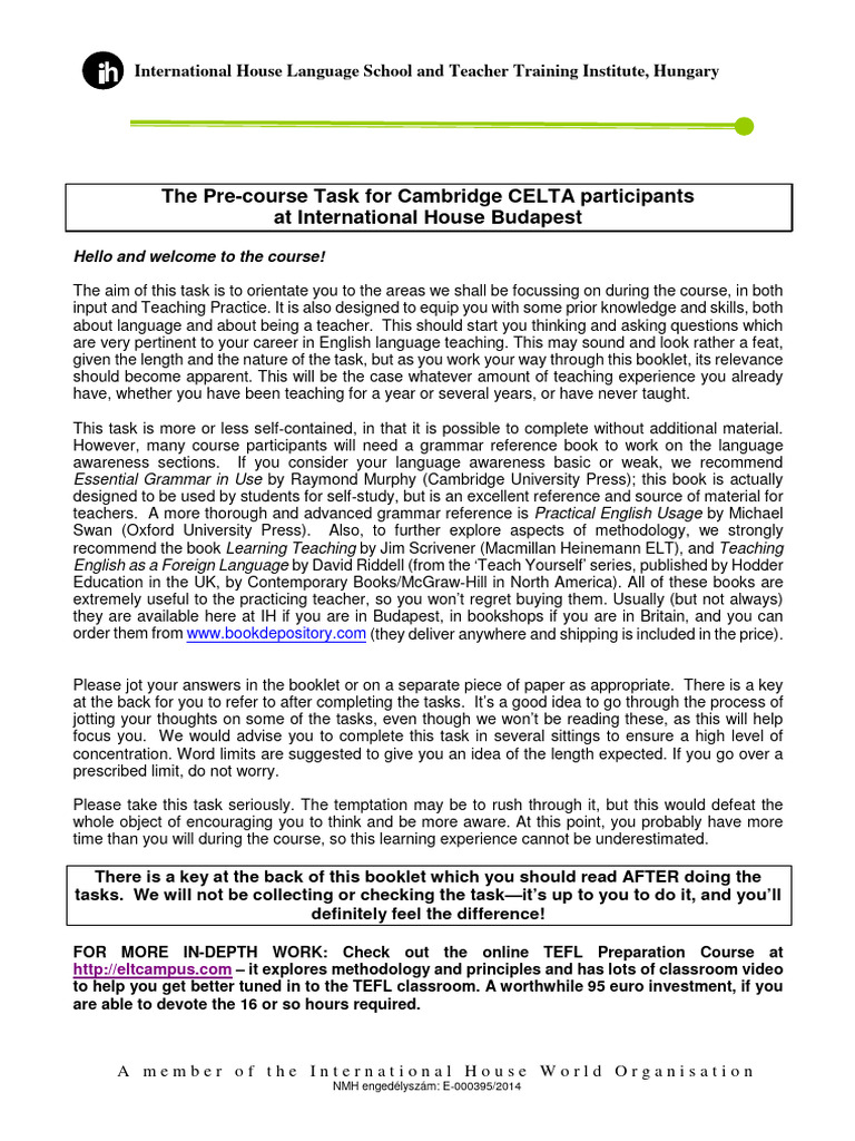 CELTA Pre-Course Task Guide: IH Budapest | PDF | Verb | Human Communication