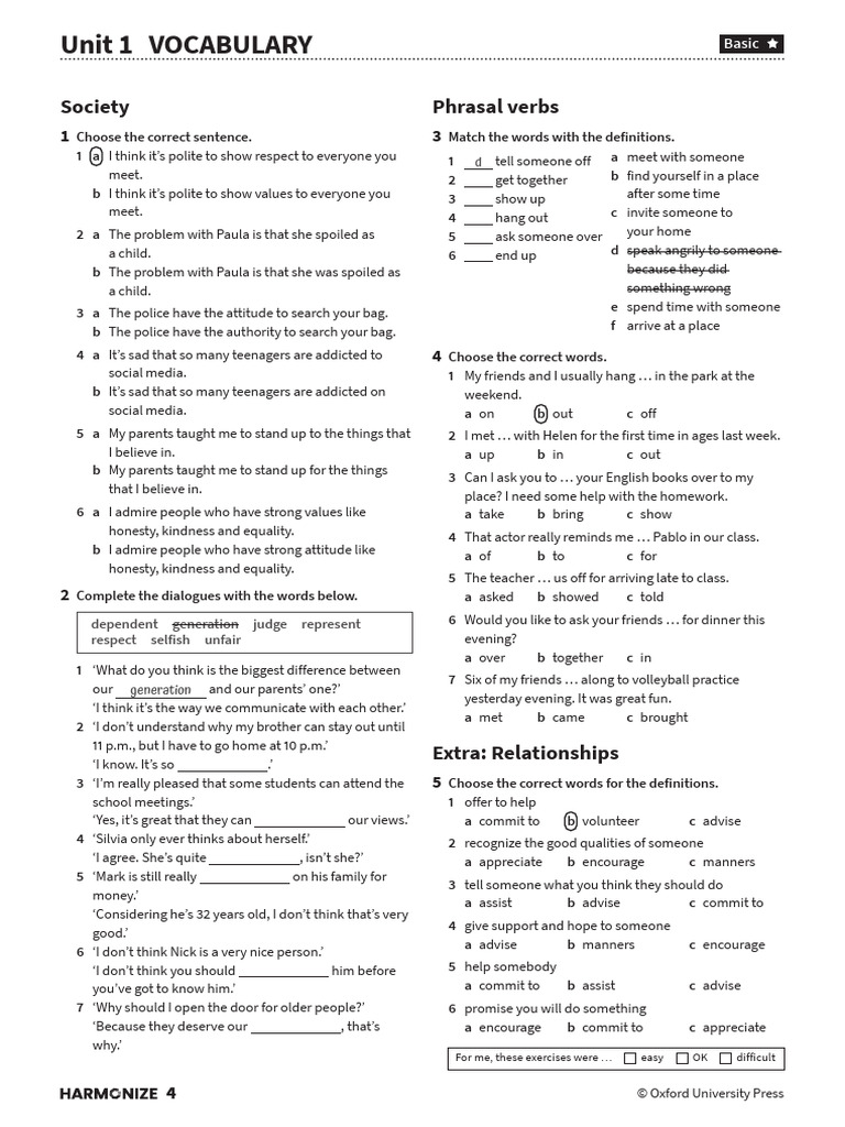 Harmonize 4 TRM Unit 1 Vocab Grammar Worksheets | PDF | Linguistics