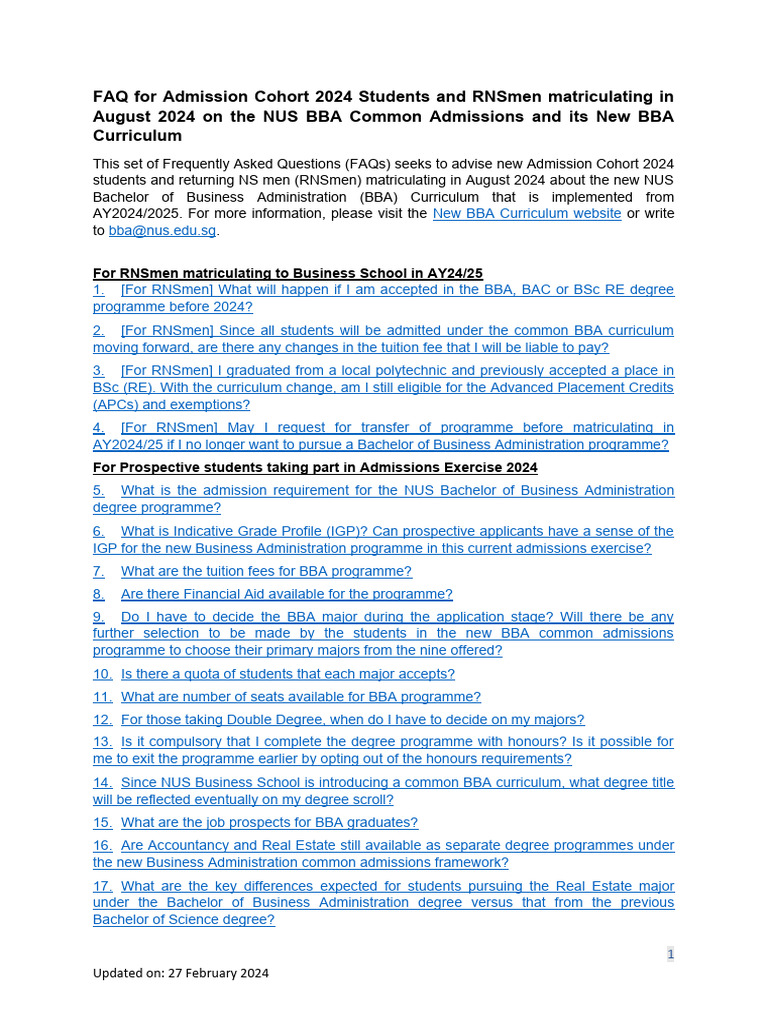 BBA Common Admissions FAQs For Cohort 2024 and RNS V 20240227 | PDF ...