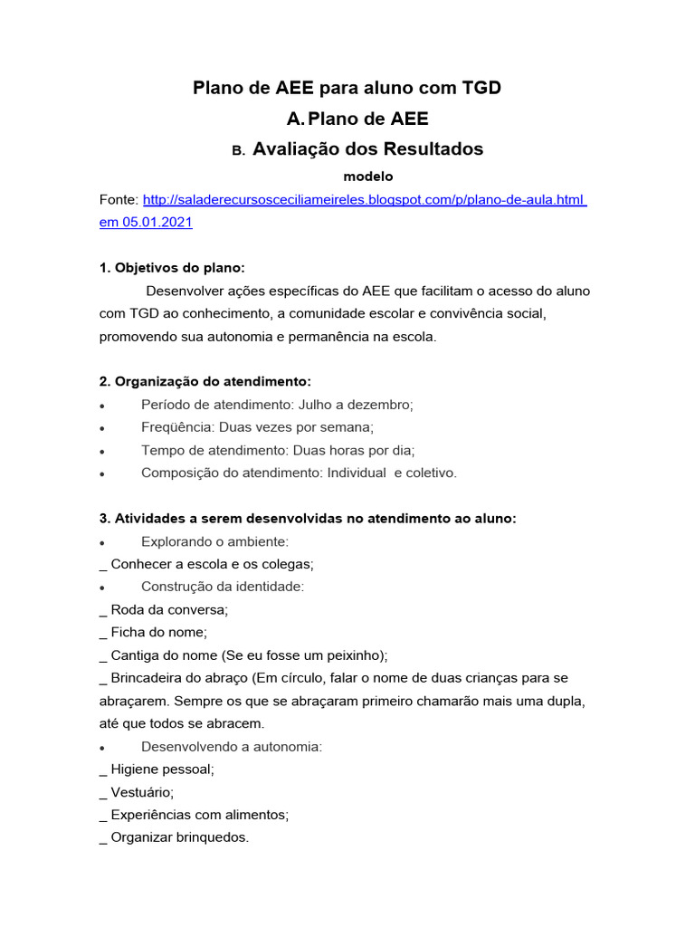 Plano de AEE para Aluno Com TGD Modelo | PDF
