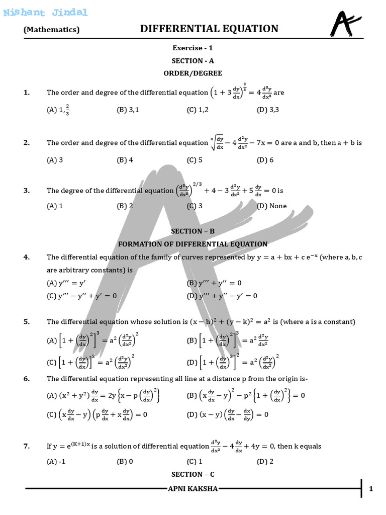 Sheet - 01 - Differential Equation NJ - 247 | PDF | Tangent | Equations