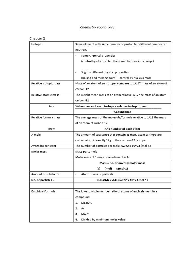 Chemistry Vocabulary | PDF | Chemical Bond | Mole (Unit)