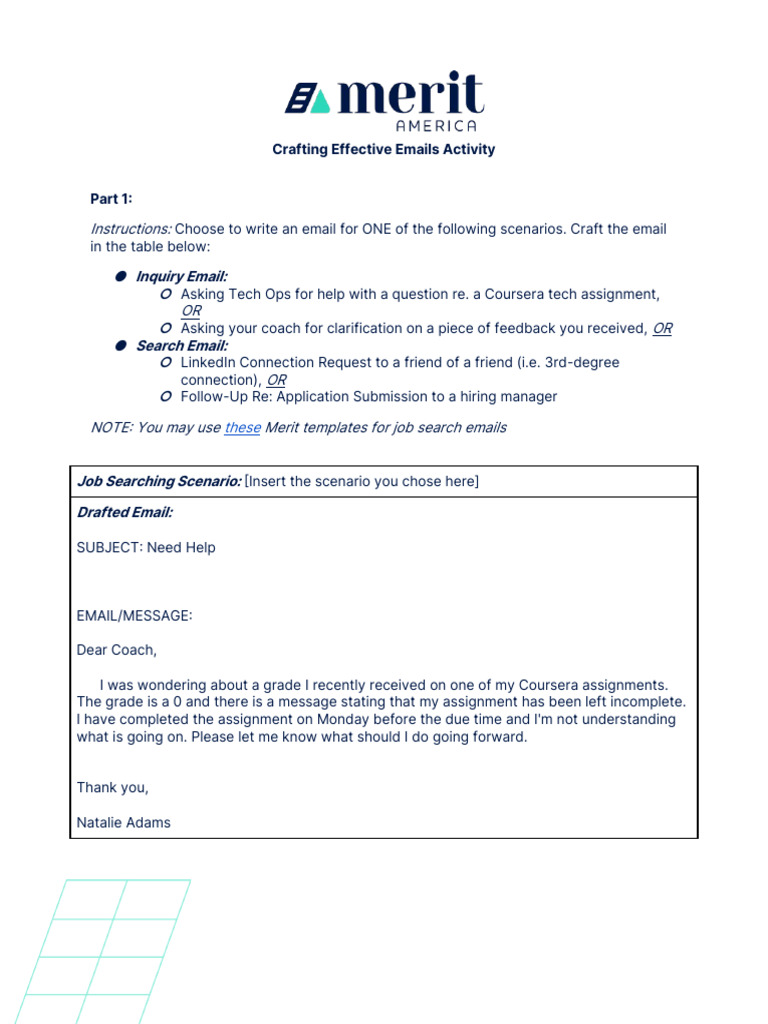 Natalie - Adams - Crafting Effective Emails Activity | PDF | Linked In ...