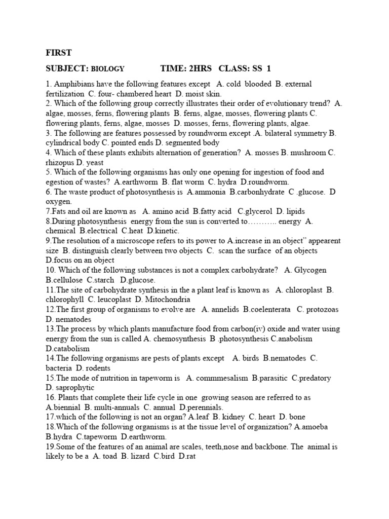 SS 1 FIRST TERM BIOLOGY Examination | Download Free PDF | Plants ...
