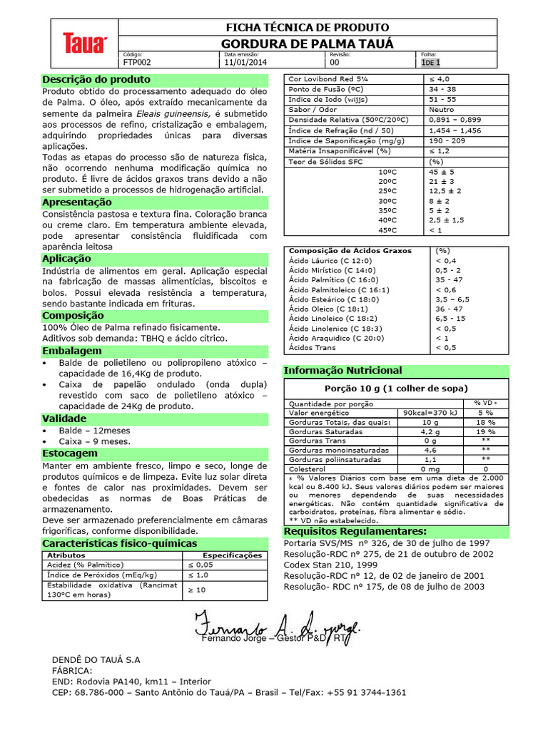 FT - Gordura de Palma Tauá | Download grátis PDF | Química
