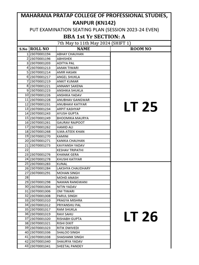 Bba Bca3 Put Seating Plan Shift 1 | PDF