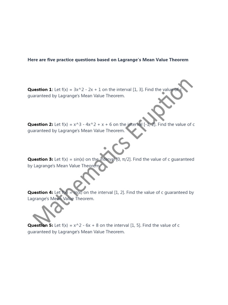 Lagrange Mean Value Theorem Practice Questions | PDF