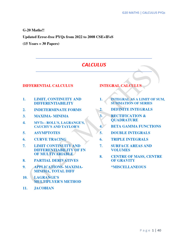 1-2 Calculus Pyqs Chapterwise 2022 | PDF | Integral | Calculus