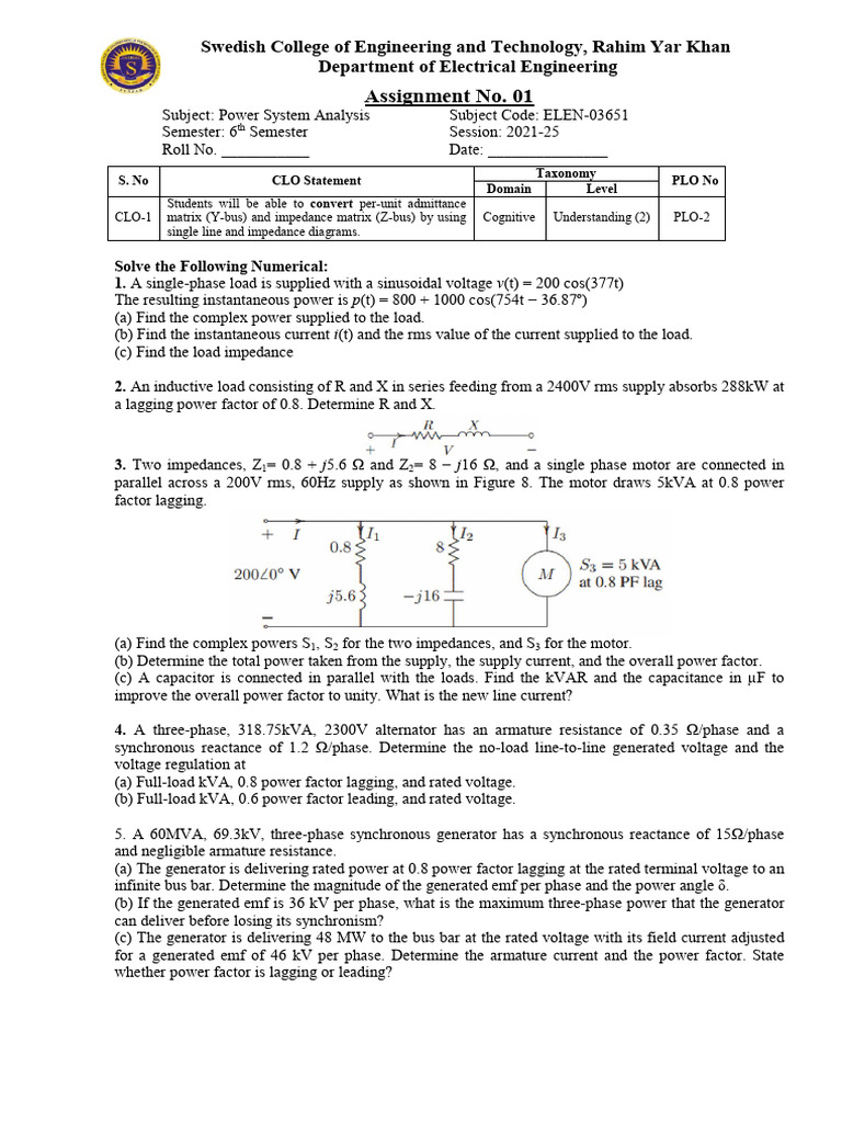 PSA Assignment 1 | PDF | Electrical Impedance | Electric Power
