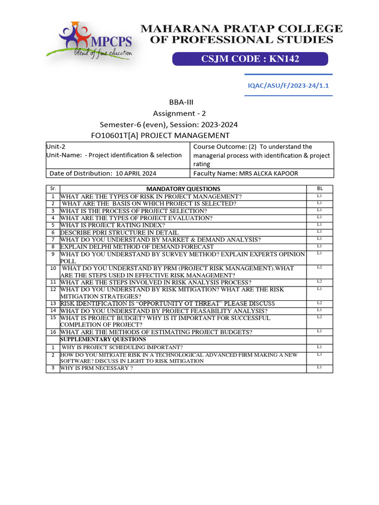 BBA Project Management Assignment | PDF | Risk | Risk Management