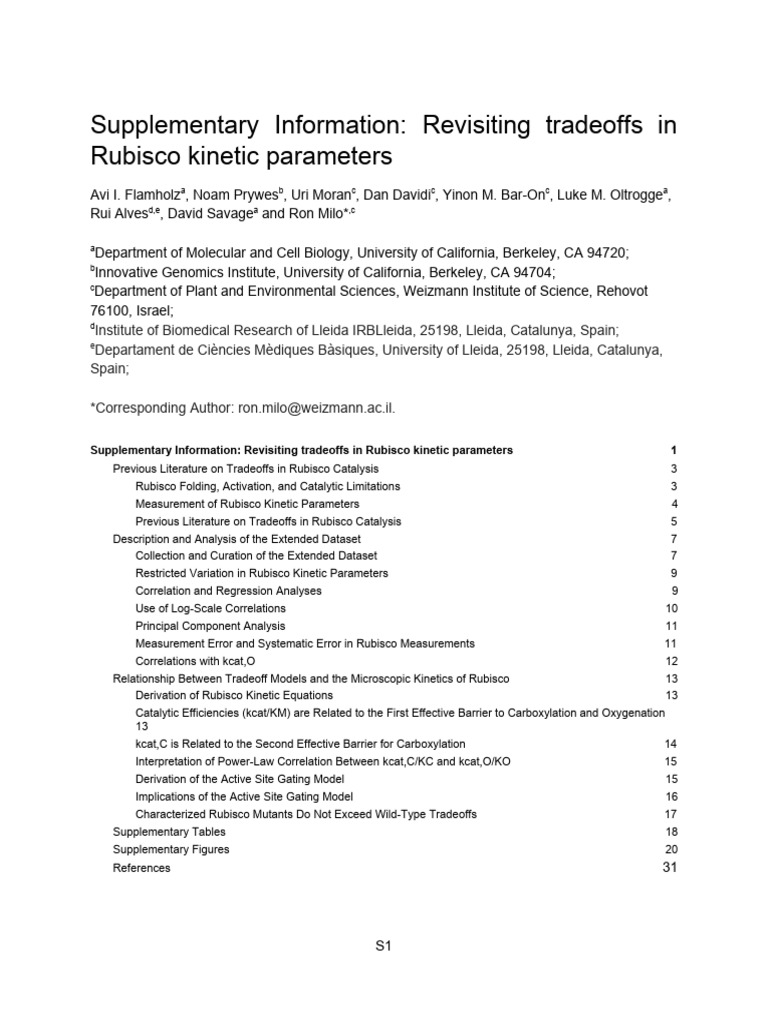 Flamholz - Et - Al 2019 Biochemistry - Sup 1 | PDF | Coefficient Of Variation | Active Site