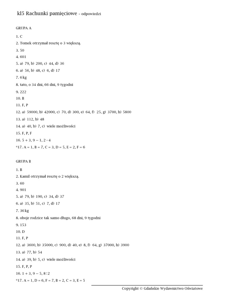 Kl5 Rachunki Pamięciowe Odp | PDF