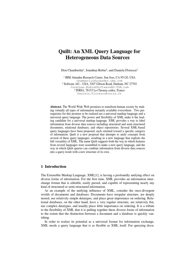 Quilt: An XML Query Language For Heterogeneous Data Sources: Daniela - Florescu@ | PDF | X Path ...