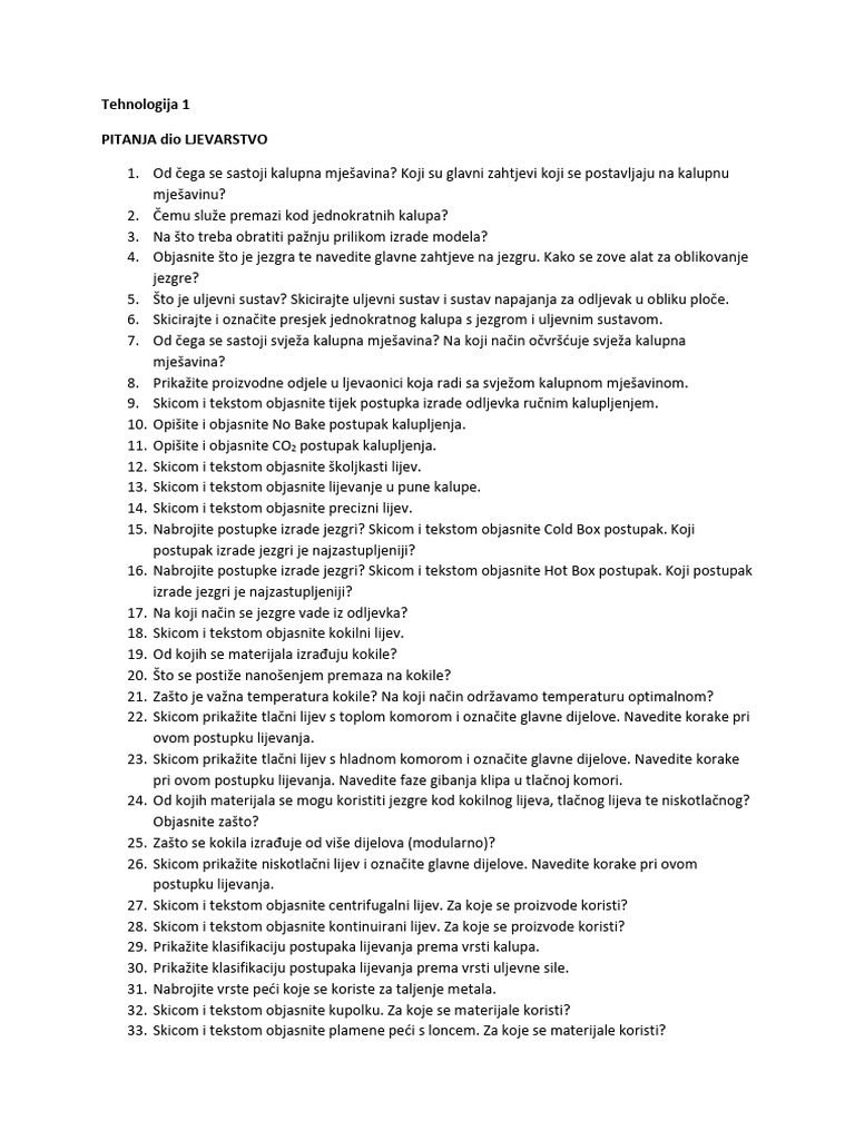 Pitanja Teh1 Ljevarstvo | PDF