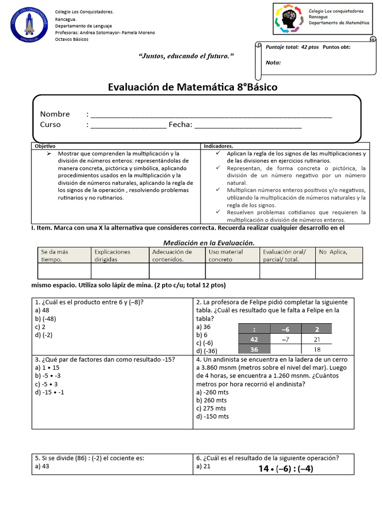 Evaluación de Multiplicación y División Entera | PDF | Multiplicación ...