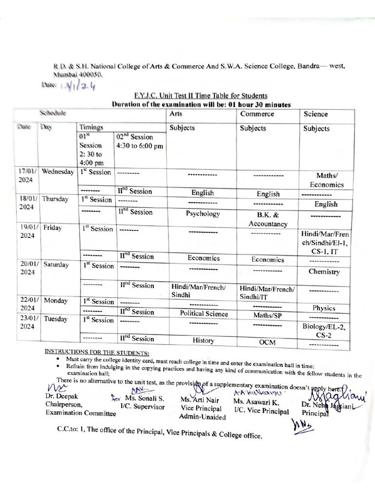 Timetable For Unit Test 2 For Students | PDF