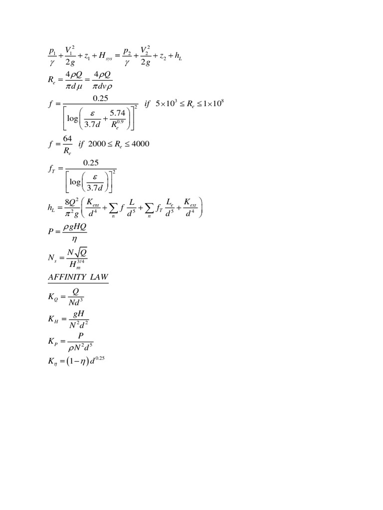 Pipe Pump System Formulas | PDF