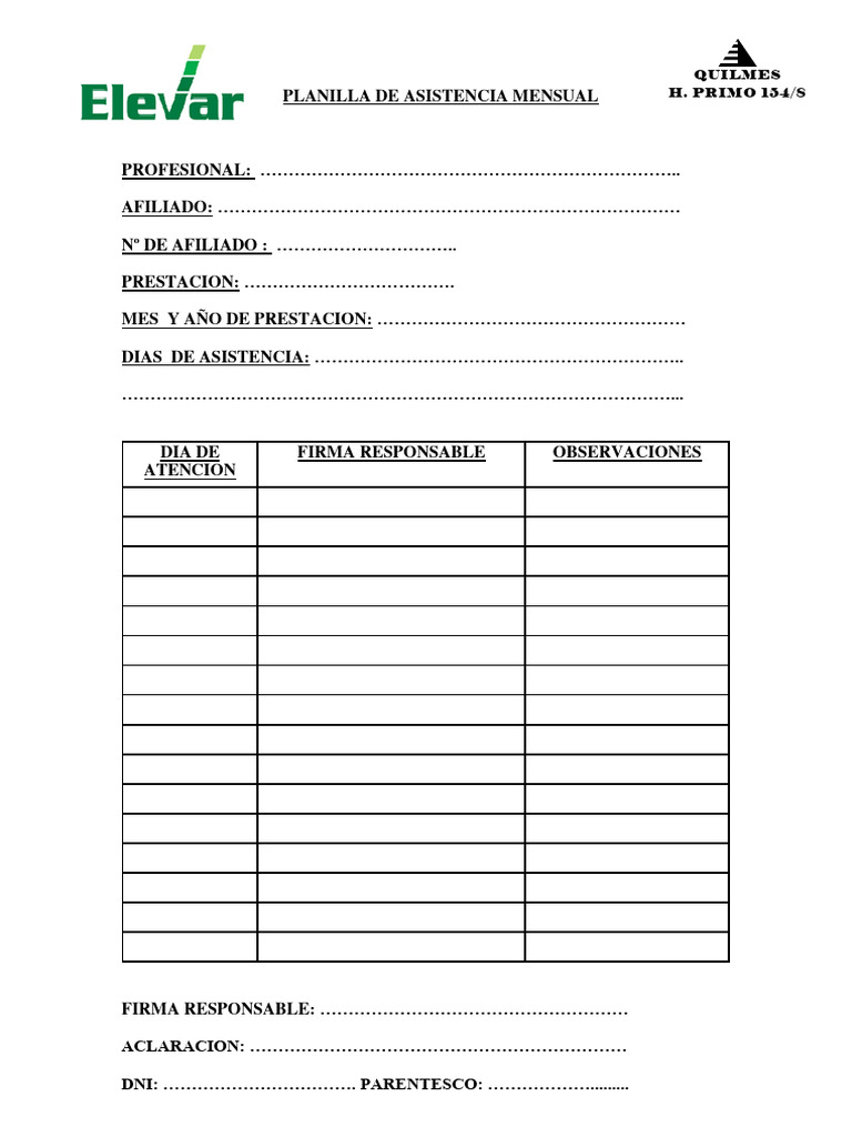 Planilla Asistencia Elevar | PDF