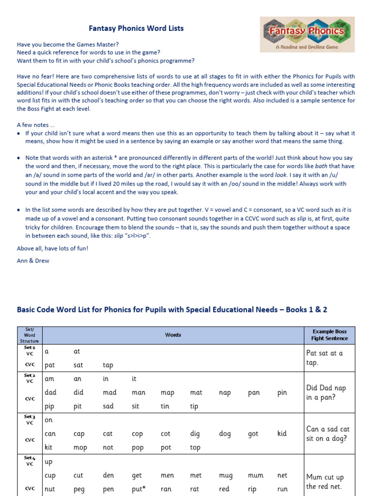 5 Fantasy Phonics Word Lists 30-10-20 | PDF | Phonics | Phonetics