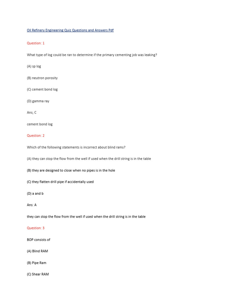 Petroleum Oil Refinery Questions Answers | PDF