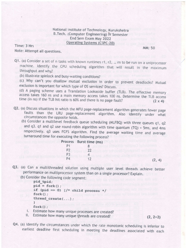 B.Tech May2022 Comp CSPC-20 Sem4 | PDF | Scheduling (Computing ...