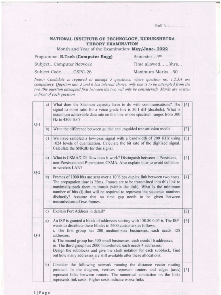 B.Tech May2022 Comp CSPC-26 Sem4 | PDF | Routing | Bit Rate