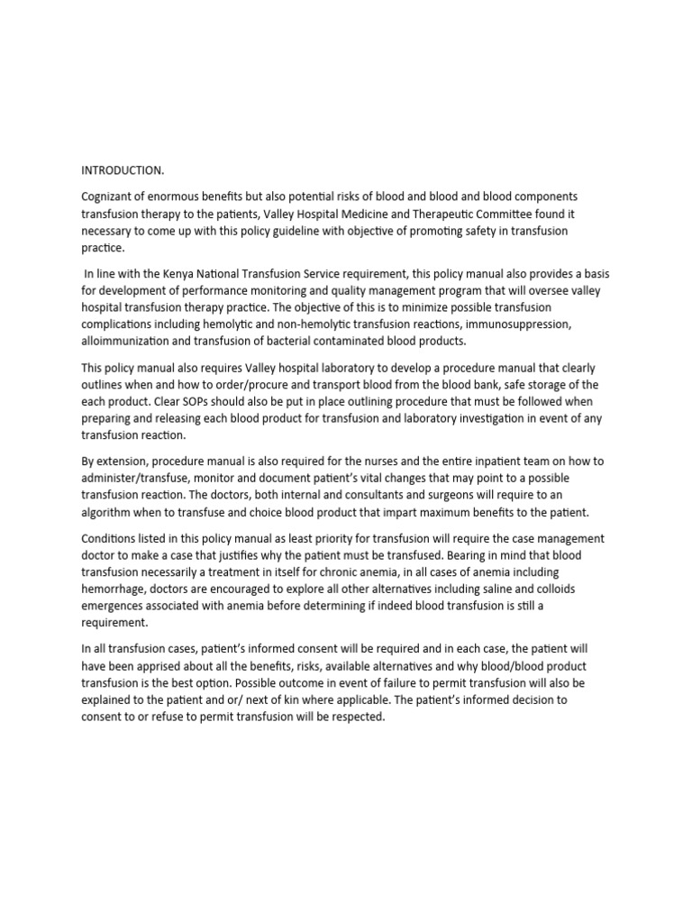 Blood and Blood Products Therapy Policy | PDF | Blood Transfusion | Anemia