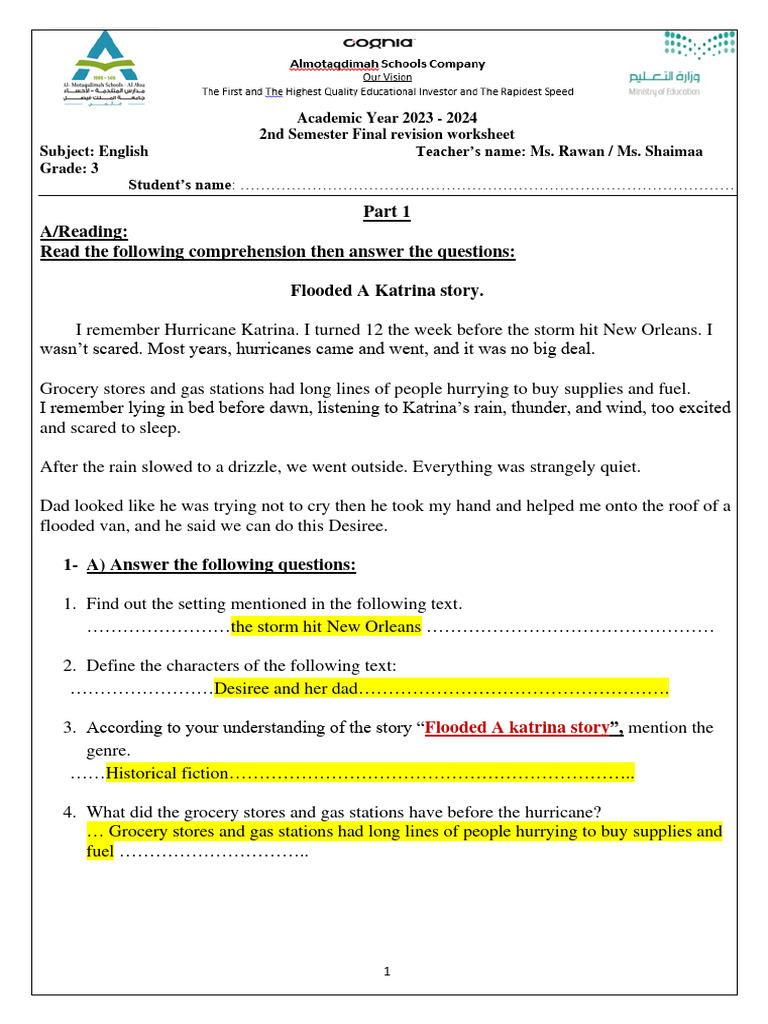 Final Revision Sheet Gr3 2nd Term Answer Key 2 | PDF
