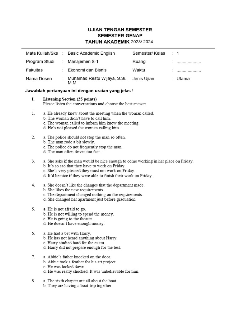 UTS English 1 Genap 23-24 | PDF