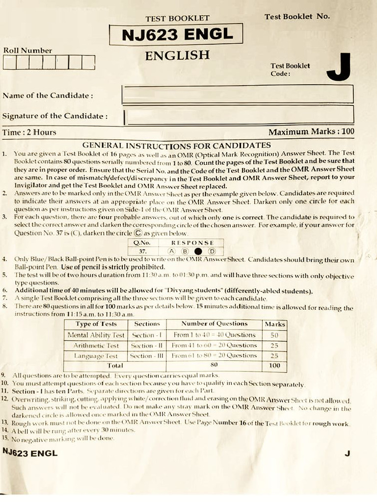 Navodaya Class 6 Entrance Exam 2023 Question Paper-English Medium | PDF