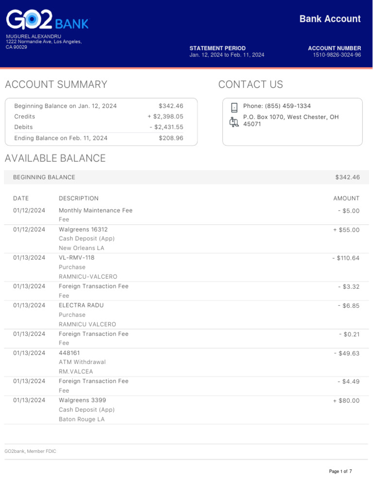 GO2bank Statement February 11 2024 | PDF | Banks | Cash