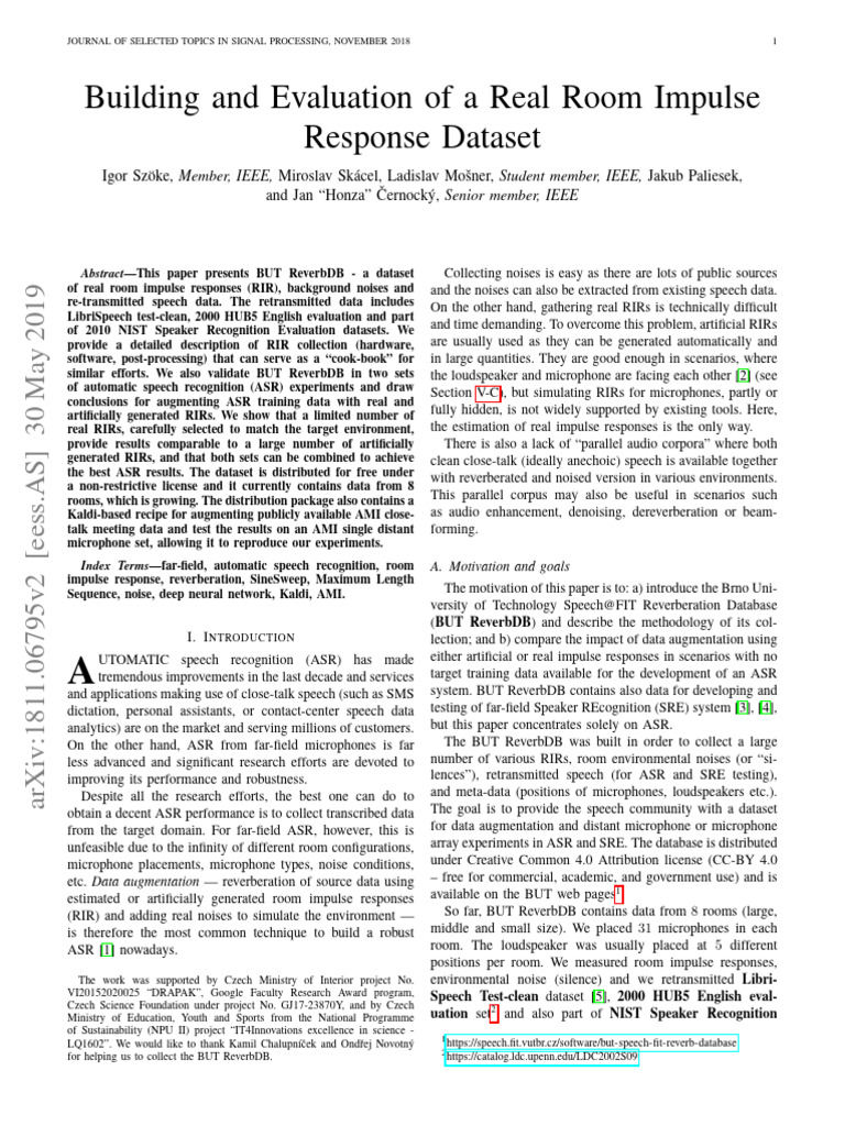 Building and Evaluation of A Real Room Impulse Response Dataset | PDF | Speech Recognition ...