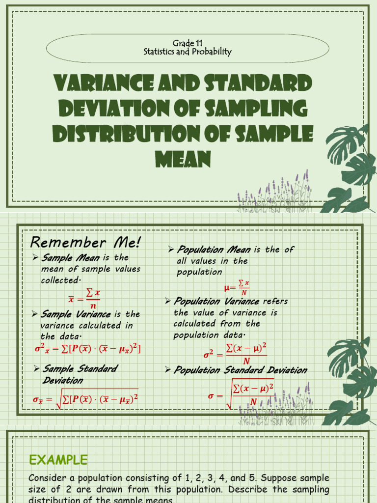 Sampling Distribution: Mean, Variance, SD | PDF | Variance | Standard ...
