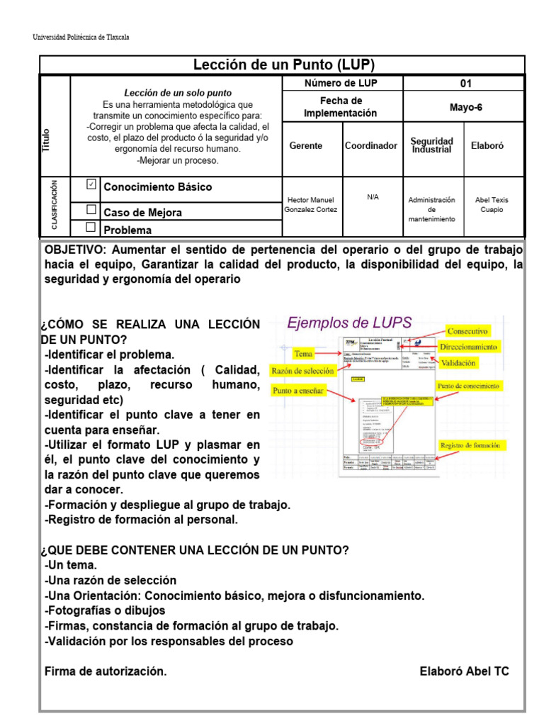 Lup Leccion de Un Solo Punto TPM | PDF | Factores humanos y ergonomía ...