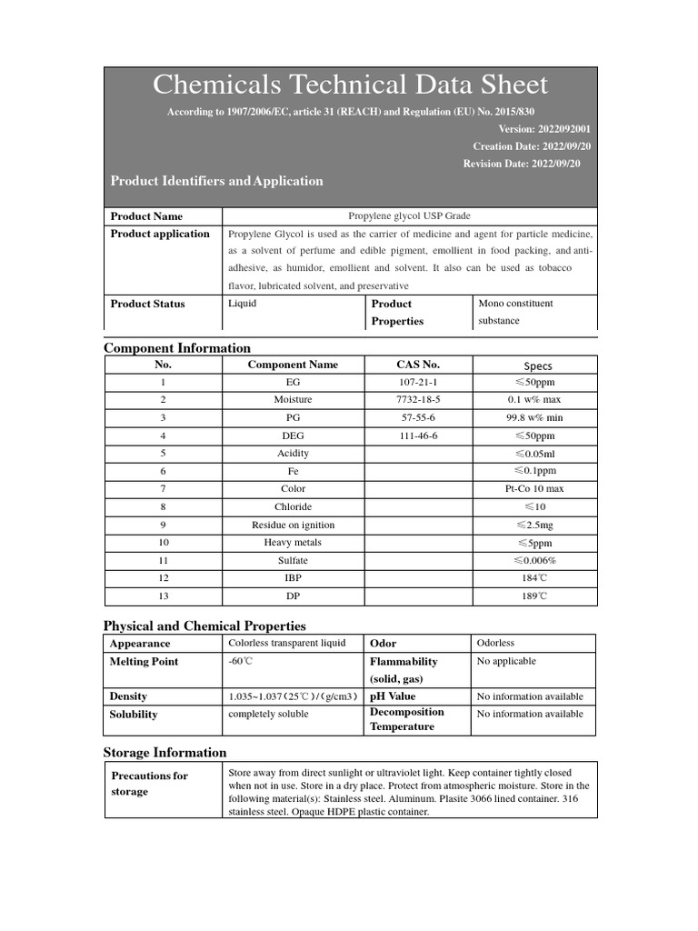 Propylene Glycol USP Grade Data Sheet | PDF | Chemistry | Materials