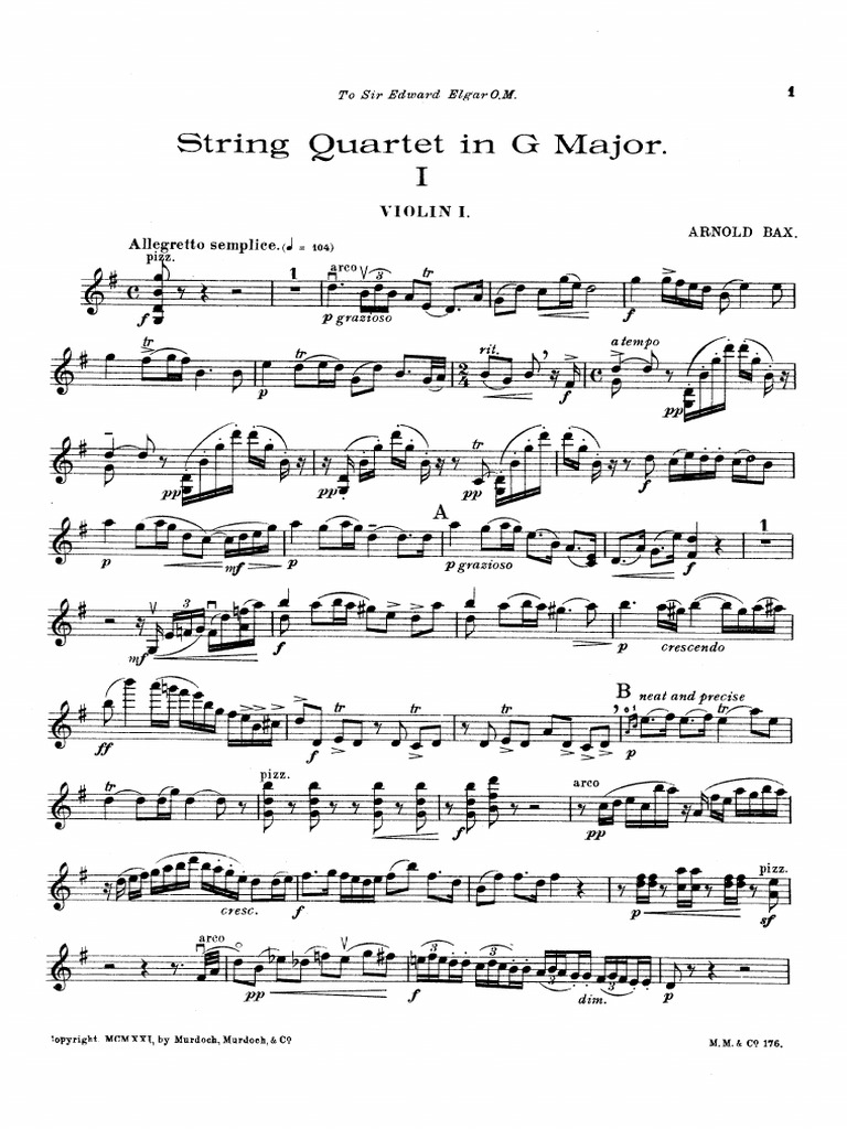 Bax - String Quartet No.1 in G Major (Parts) | PDF