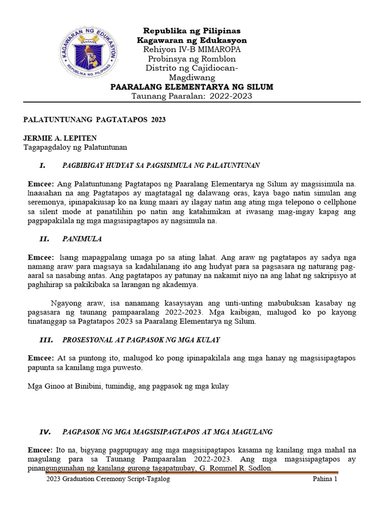Graduation Script Tagalog Silum | PDF