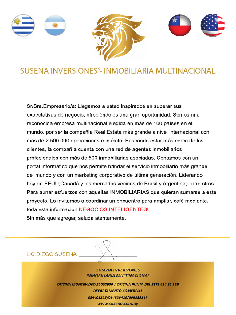 Carta de Presentacion Susena Inversiones Diego Susena 2023 | PDF | Viajes y turismo