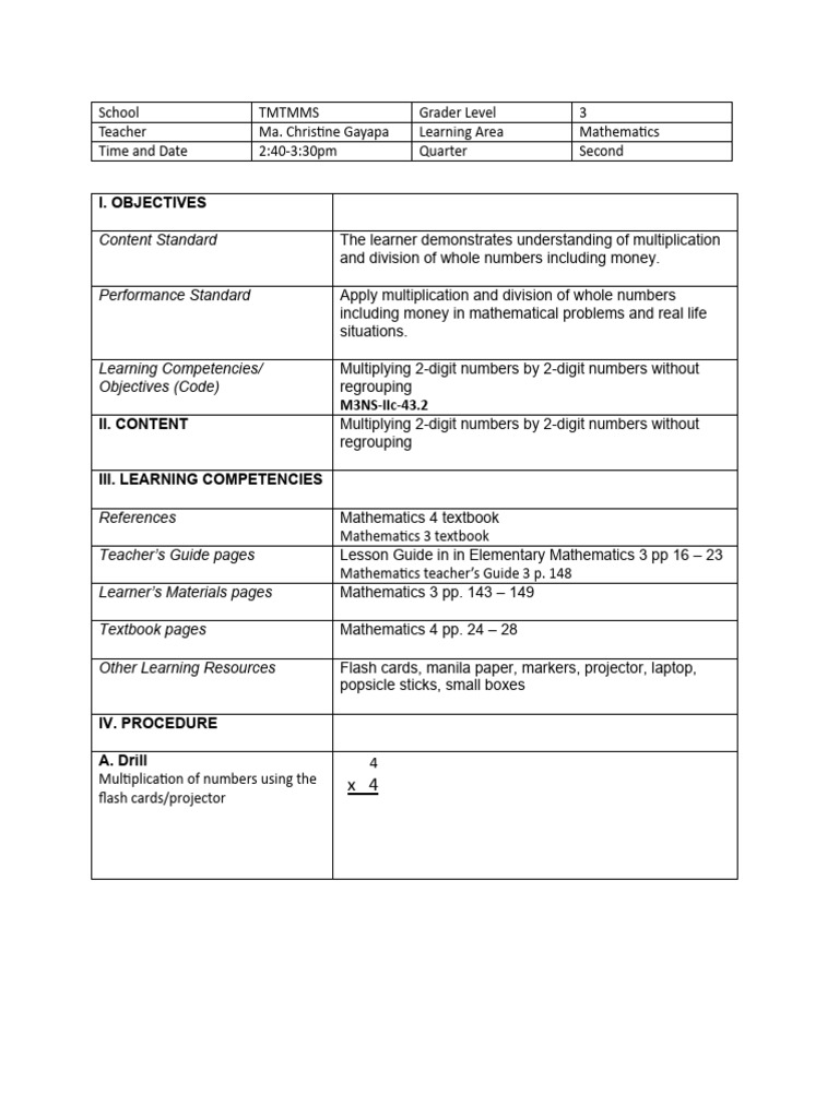 LP Grade 3 Multiplying 2-digit numbers by 2-digit numbers without regrouping | PDF | Mathematics ...