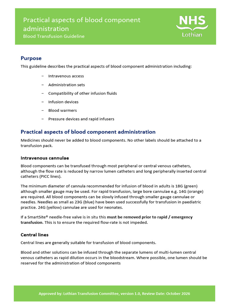Practical Aspects of Blood Component Transfusion | PDF | Intravenous ...