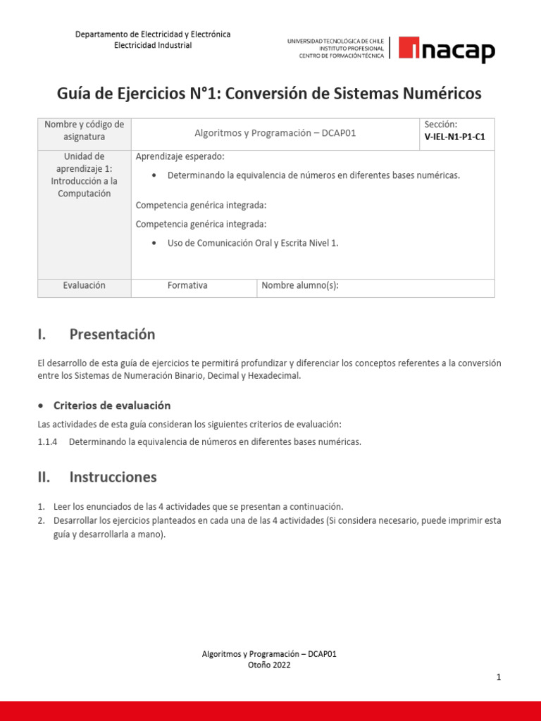 Guía N°1 Ejercicios de Sistemas de Numeración Final | PDF | Evaluación | Programación de ...