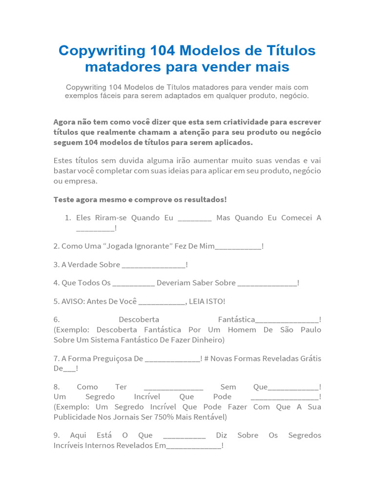 Copywriting 104 Modelos de Títulos Matadores Para Vender Mais | PDF ...