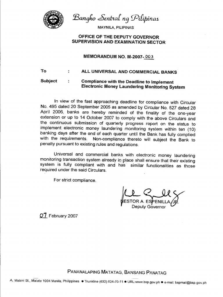 BSP Memo No 2007-003 | PDF