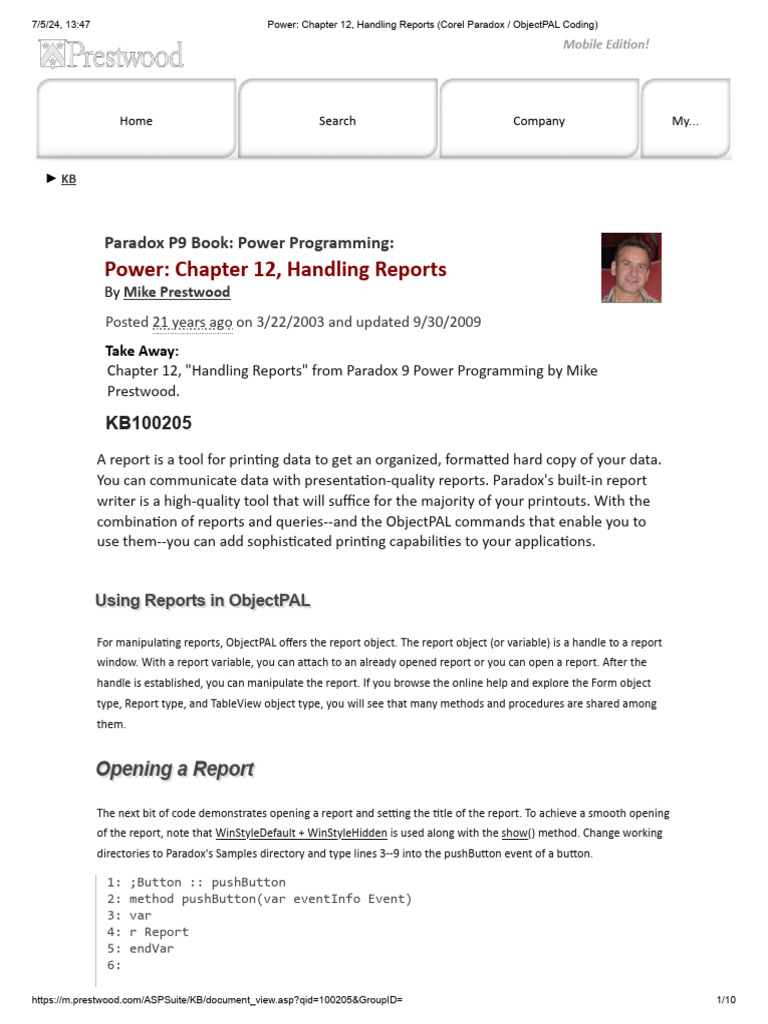 Power Chapter 12 Handling Reports Corel Paradox Objectpal Coding Pdf Menu Computing