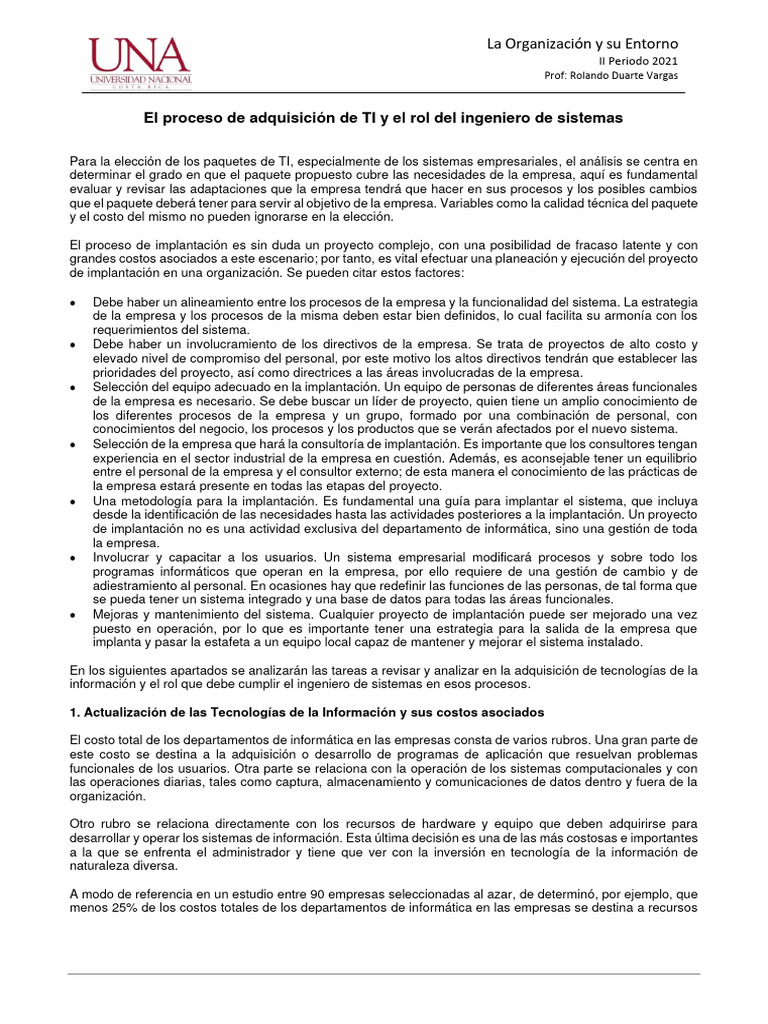 El Proceso de Adquisición de TI y El Rol Del Ingeniero de Sistemas ...
