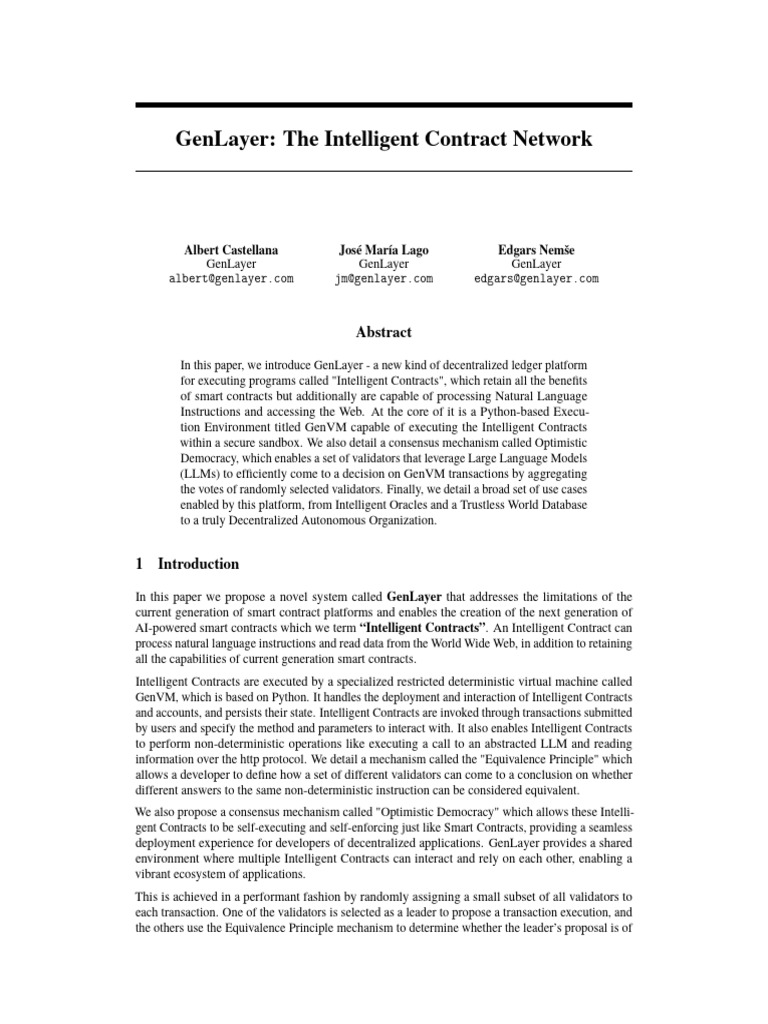 GenLayer Whitepaper - The Intelligent Contract Network | PDF | Cryptocurrency | World Wide Web